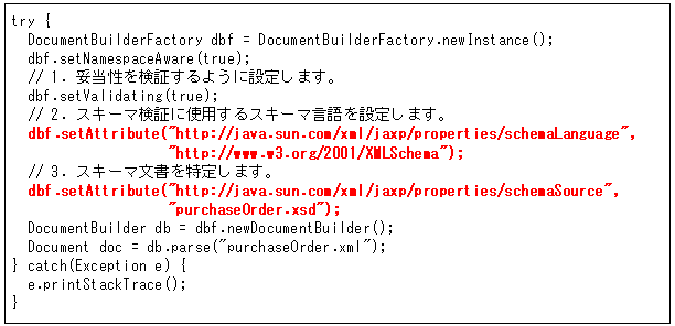 DOMパーサに対するXML Schemaのプロパティの設定方法